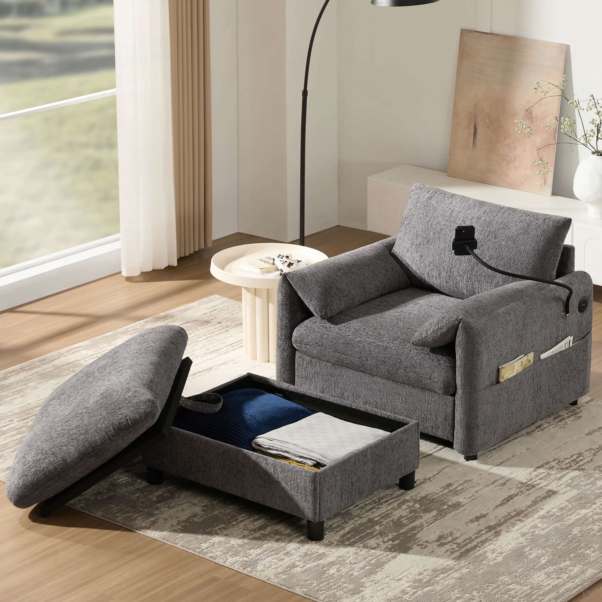 Ivy Bronx 38" Single Sofa With Storage Ottoman, Adjustable Phone Holder, USB Charger, Side ...